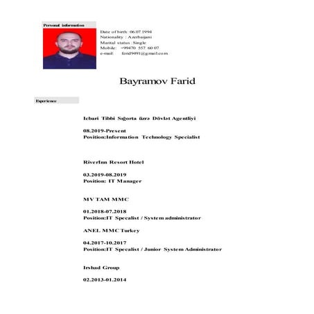 Bayramov Farid Resume | DOC | Internet | Computing