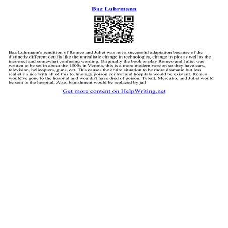 Baz Luhrmann Romeo And Juliet Essay | PDF