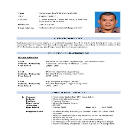 Muhammad Taufik Bin Mohd Khalid Resume Pdf