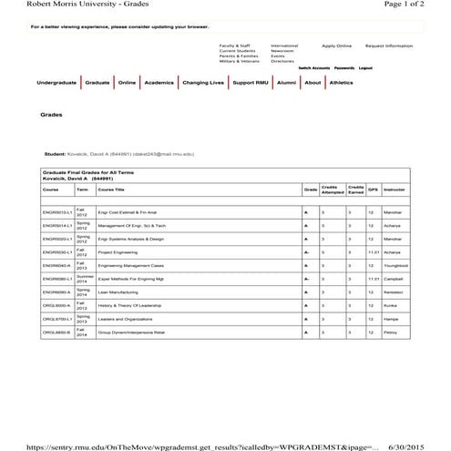 Dave Kovalcik Grade Report from RMU | PDF