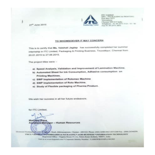 ITC LTD TRAINING CERTIFICATE-POST GRAD PACKAGING FINAL | PDF