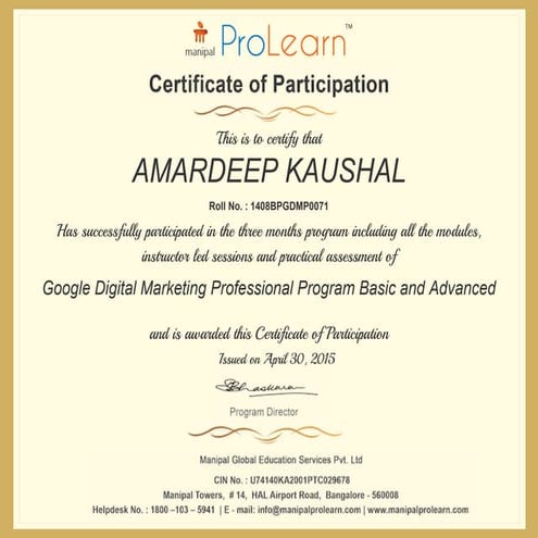 MANIPAL GOOGLE DIGITAL MARKETING CERTIFICATE | PDF
