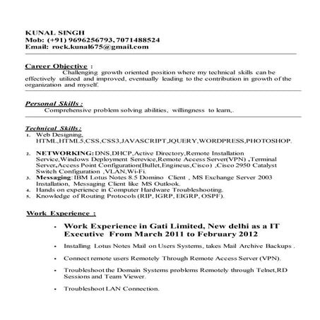 Kunal Singh Curriculum Vitae | DOCX | IT and Internet Support | Internet