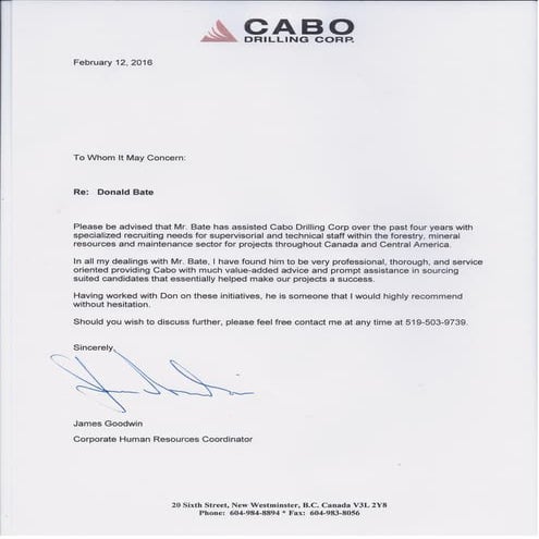 Cabo Drilling - Donald Bate Reference Letter | PDF