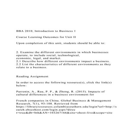 BBA 2010, Introduction to Business 1 Course Learning .docx