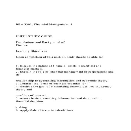 BBA 3301, Financial Management 1 UNIT I STUDY GUIDE .docx