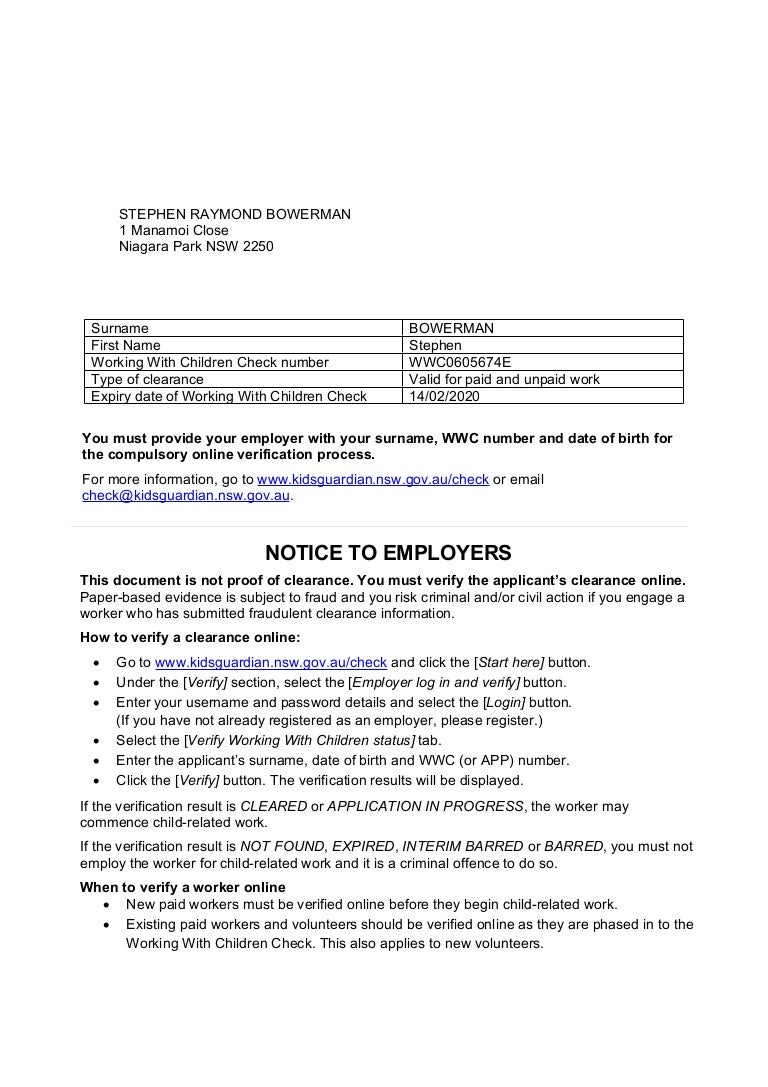 WWCC Clearance Letter Employee