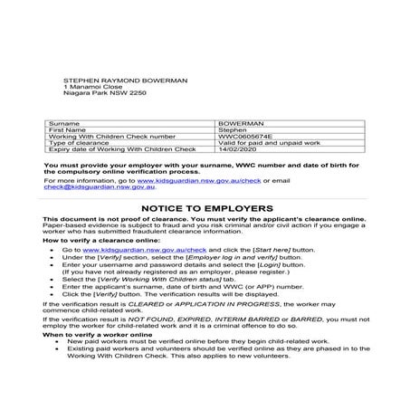 WWCC Clearance Letter Employee | PDF
