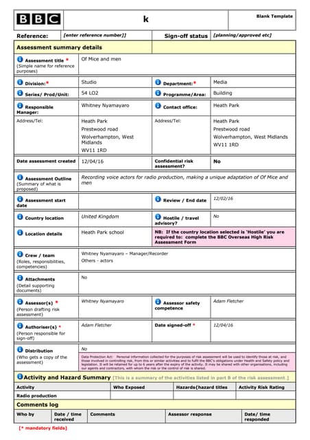 Risk assessment - Draft 1! | PDF
