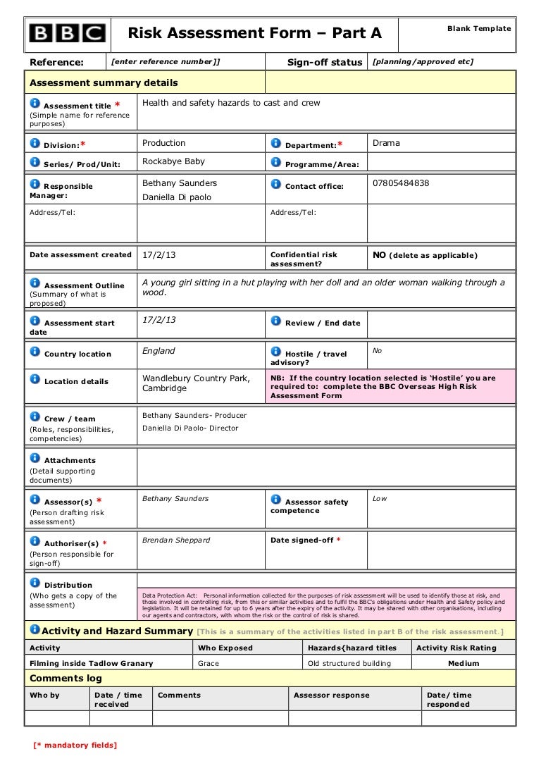 Printable Blank Risk Assessment Form
