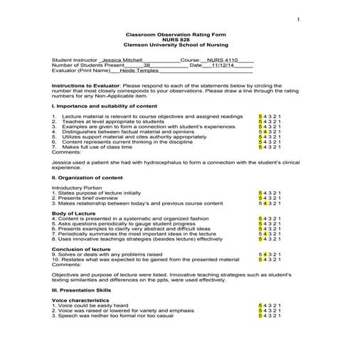 Classroom Observation Rating Form for Jessica Mitchell by Heide Temples ...