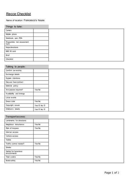 Recce checklist abby | PDF