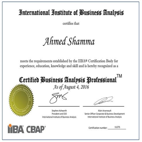 CBAP Certificate - Ahmed Shamma | PDF