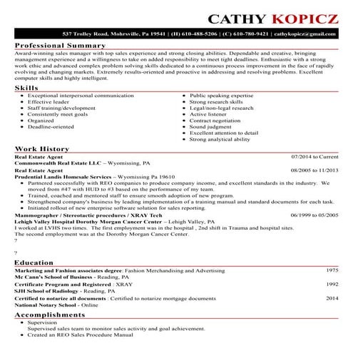 Cathy Kopicz Resume 1 | PDF | Real Estate Industry | Industries