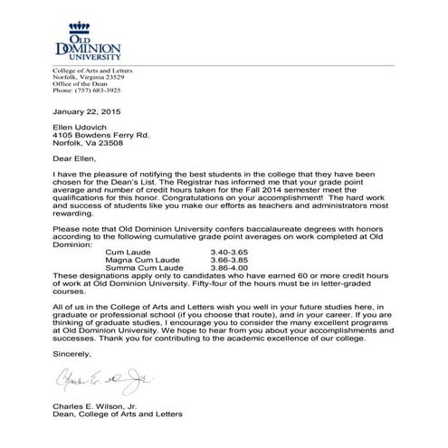 Dean's List Letters_Fall 2014_EUdovich | PDF