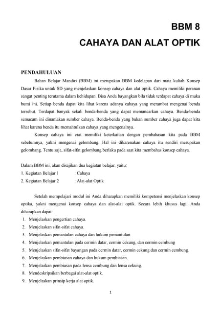 BAHAN AJAR IPAS Kelas 5 Materi Cahaya Semester 1 | PDF