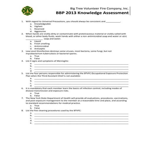 Bbp knowledge assessment | PDF