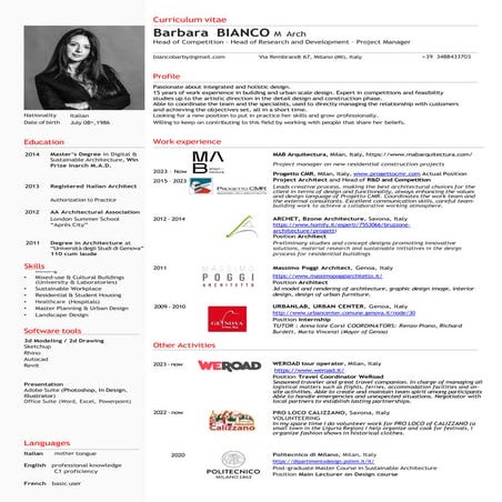 Curriculum vitae Barbara Bianco Architetto | PDF