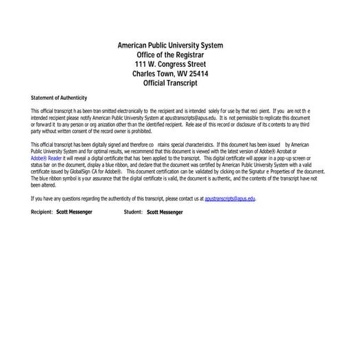 AMU Official Transcript - Scott Messenger | PDF