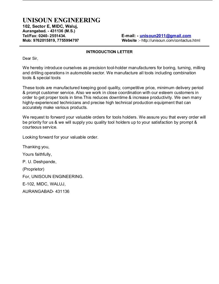 Introduction letter of Unisoun Engineering