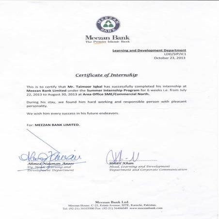 Internship Meezan Bank | PDF