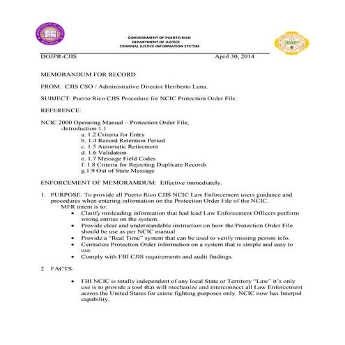 MFR NCIC Protection Order File | PDF