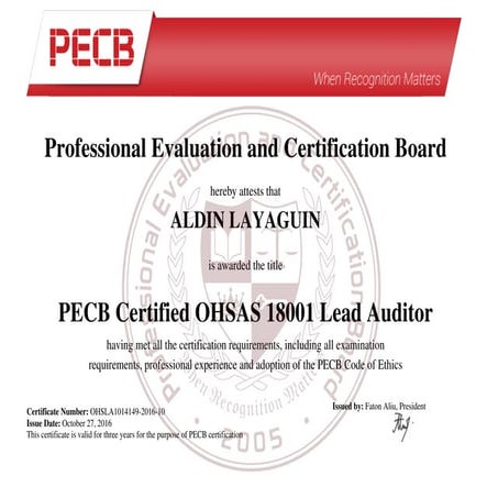 PECB Certified ISO 18001 Lead Auditor - Aldin Layaguin | PPT