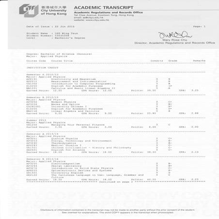 CityU academic transcript 2015 | PDF