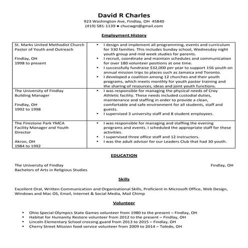 Dave Charles Resume 2016 | PDF | Christianity | Religion & Spirituality