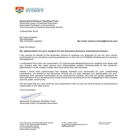 Joshua Marks letter from USyd | PDF