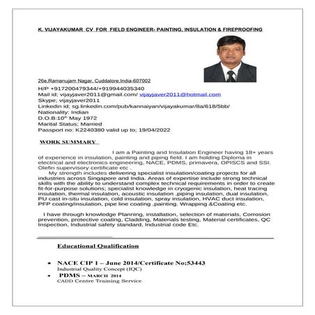 K.VIJAYAKUMAR CV FOR FIELD ENGINEER- PAINTING INSULATION ...