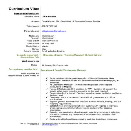 CV english latest Gift Katebede | PDF