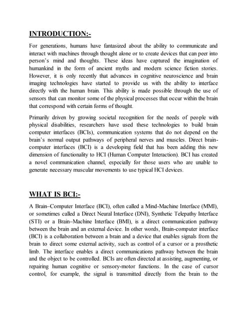 A SEMINAR REPORT ON BRAIN COMPUTER INTERFACE By Rahul Sharma | PDF