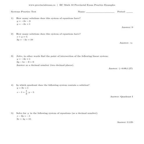 BC Math 10 Systems Practice Test | PDF