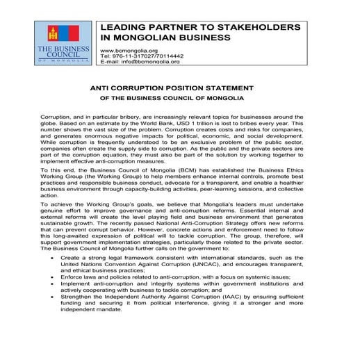 BCM Anti Corruption Position Statement | PDF