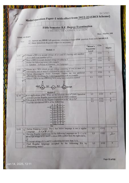BCS503 Model Question Paper Solution Theory of Computation | PDF