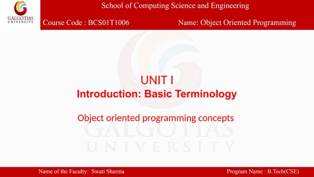 Bcse01t1003 Unit 1 Lec 1 Introduction To Oop Pptx