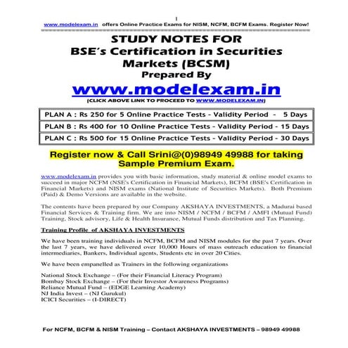 BSE (BOMBAY STOCK EXCHANGE) CERTIFICATION IN SECURITIES MARKETS STUDY ...