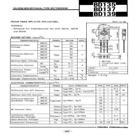 Original Transistor NPN BD139 1.5A 80V TO-126 New | PDF