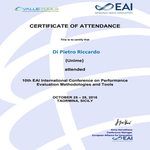 Attendence_Certificate valuetools 2016 - Di Pietro Riccardo | PDF
