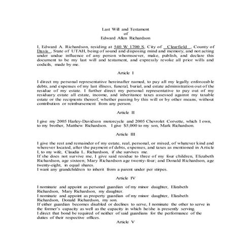 Last will and testament of blank free will pdf | PDF