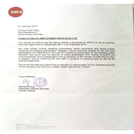 SATS Wendy Chong Recommend Letter | PDF