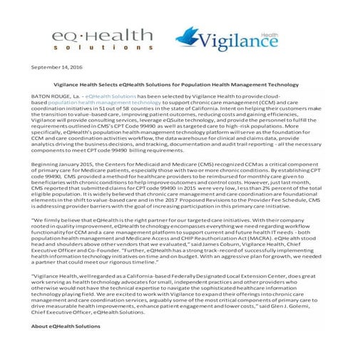 Vigilance Health Selects eQHealth Solutions for Population Health ...