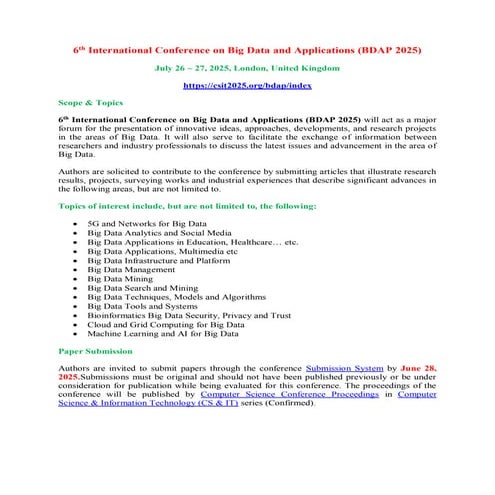6th International Conference on Big Data and Applications (BDAP 2025) | PDF