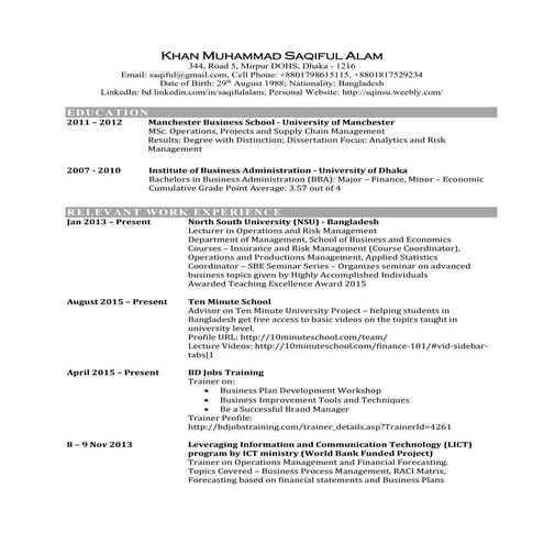 K.M Saqiful Alam - Short Resume | PDF | Business Administration | Business