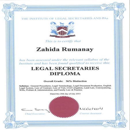Legal Secretaries Diploma Certificate July 2015 | PDF