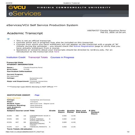 Academic Transcript VCU | PDF