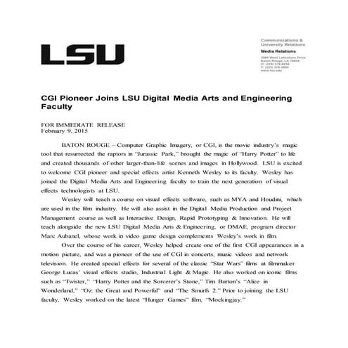 Kenneth Wesley Press Release | PDF