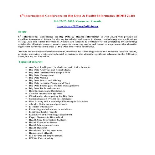 CFP - 6th International Conference on Big Data & Health Informatics (BDHI 2025) | PDF