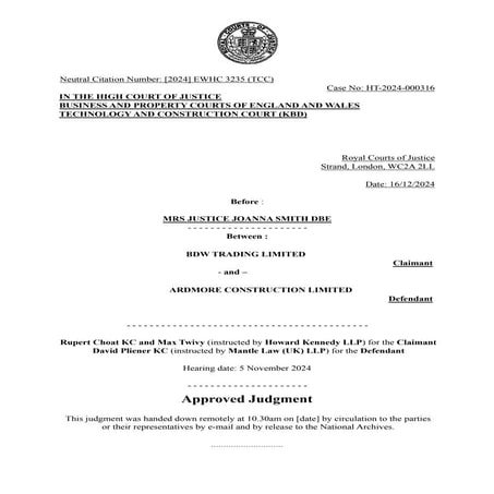 BDW Trading Ltd v Ardmore Construction Ltd [2024] EWHC 3235 (TCC) (16 ...
